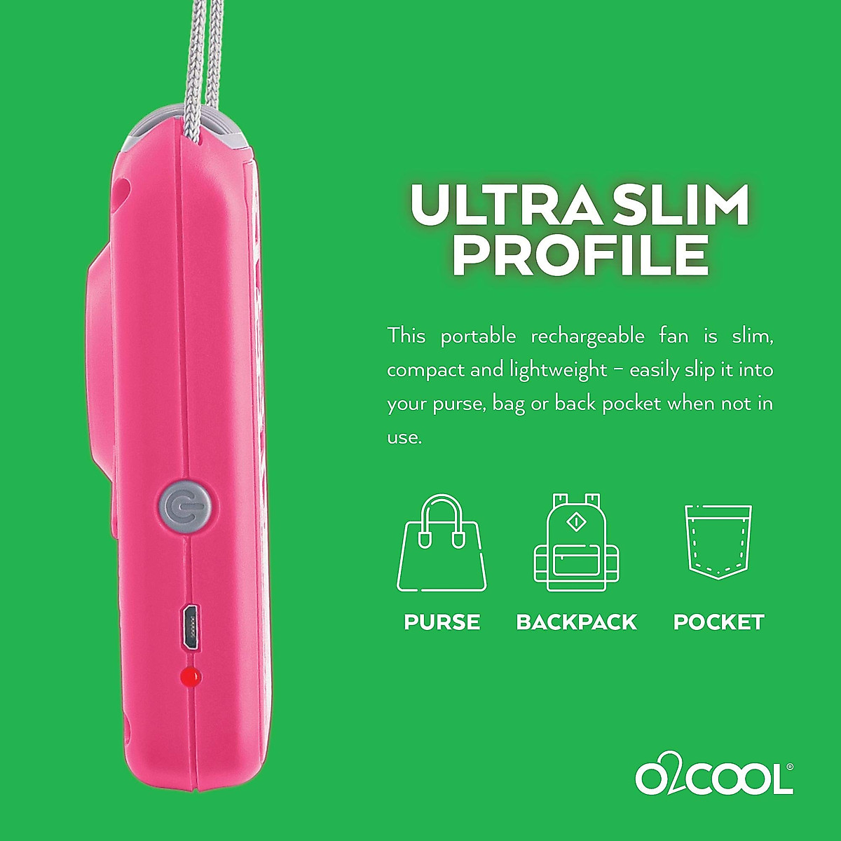 O2COOL Personal Travel Rechargeable Battery Powered Neck Cooling Fan, 2-Pack (Pink)