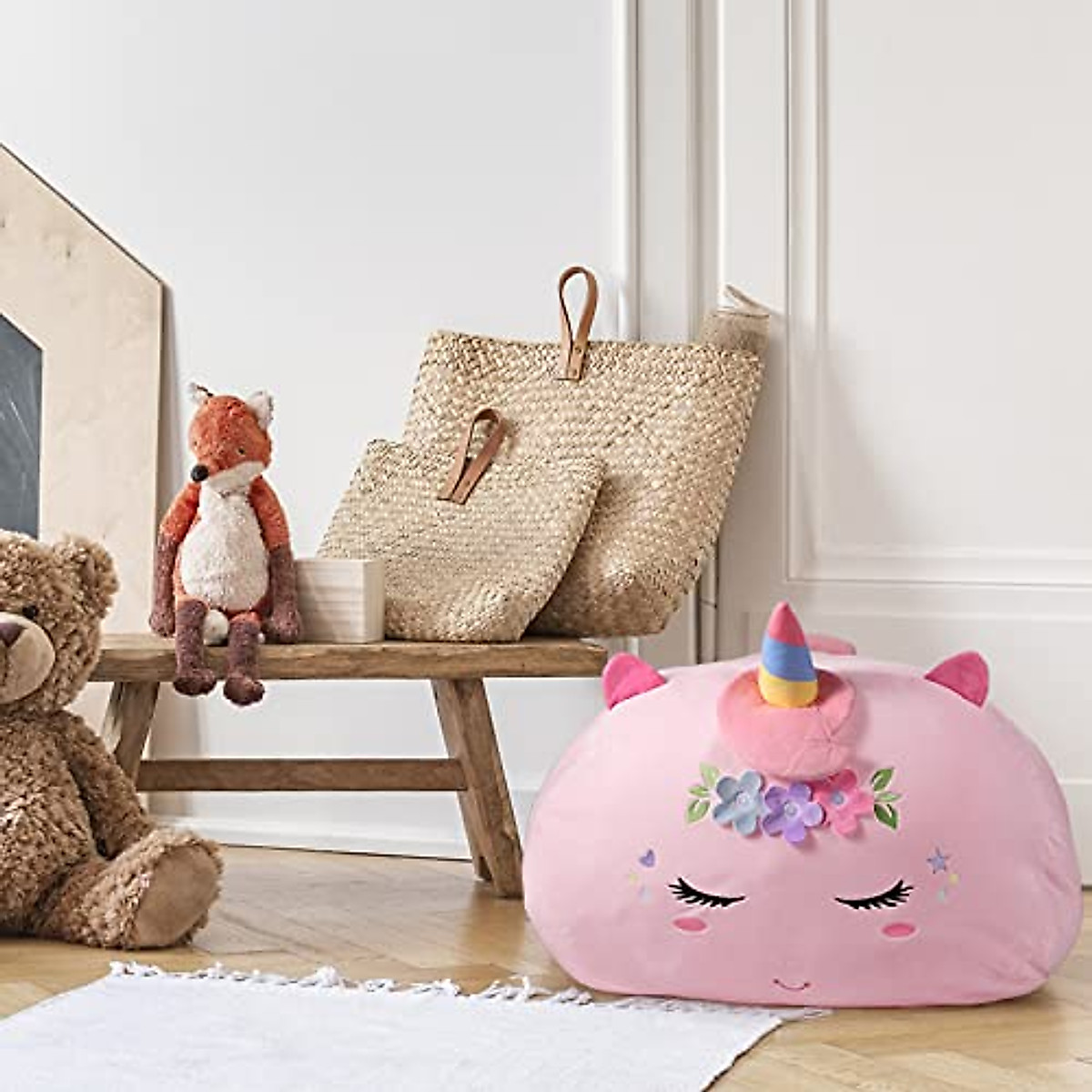 GAGAKU Stuffed Animal Bean Bag Cover Toy Storage, 24 Inches Kids Bean Bag Chair Cover ONLY Pink Unicorn Large Zipper Bean Bag for Organizing Kids Plush Toys Home Supplies (Cover Only)