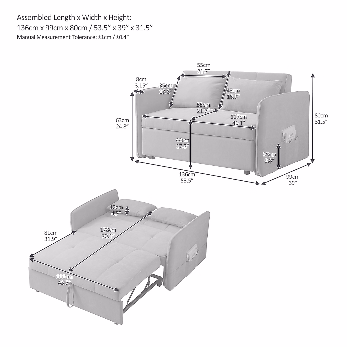 Convertible Sleeper Sofa Bed 3 in 1 Loveseat Couch Linen Small Sofa with Pull-Out Bed, Adjustable Backrest and Armrest, Futon Sofa with Side Pockets for Living Room Bedroom Apartment Small Space