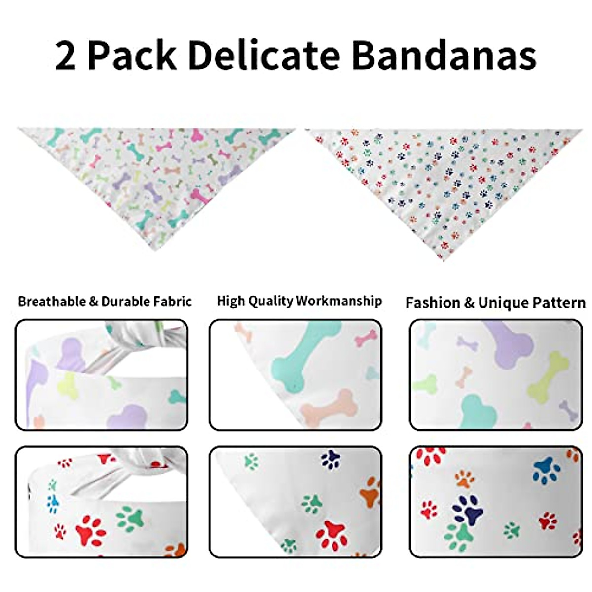 AIITLE Dog Bandanas - 2PCS Birthday Gift Washable Dog Paw and Bone Printing White Dog Bib Kerchief Scarf Adjustable Accessories for Small to Large Dog Puppy Cat
