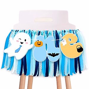 Fiesec Spooky One Birthday Highchair Banner Boy, Blue Halloween 1st Birthday Decorations Boy, Ghost First Party Decor, Little Boo Is One High Chair Ribbon Banner Smash Cake Photo Prop