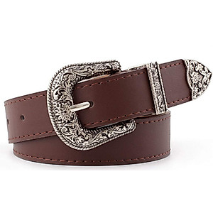 INOGIH Western-Leather-Belts-Women Vintage Waist-Belts with Hollow Out Flower Buckle