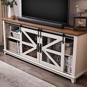 OKD Farmhouse TV Stand for 75 Inch TV, Industrial & Farmhouse Media Entertainment Center w/Sliding Barn Door, Rustic TV Console Cabinet w/Adjustable Shelves for Living Room, Antique White