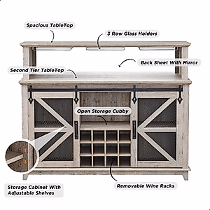 OKD Farmhouse Coffee Bar Cabinet with LED Lights, 55" Wine Bar w/Sliding Barn Door & Wine and Glass Rack, Kitchen Buffet Cabinet w/Storage Shelves for Dining Room,Light Rustic Oak
