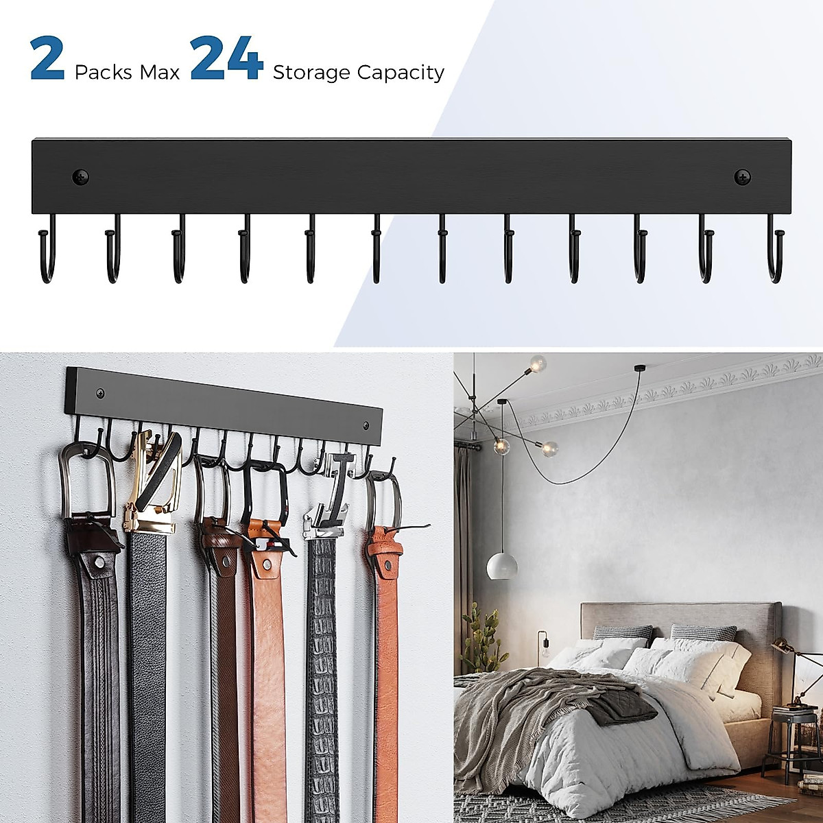 Belt Hanger Wall Mounted, Wooden Belt Organizer 2 Pack Max 24 Storage Capacity, 180° Rotating Space Saving Hangers for Ties, Tank Tops, Scarves, Bras, Keys, Bags Black