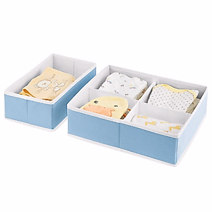 mDesign Soft Fabric Polka Dot Dresser Drawer and Closet Storage Organizer Bin for Child/Kids Room, Nursery, Playroom - Divided 5 Section Tray, Set of 4 - Light Blue/White