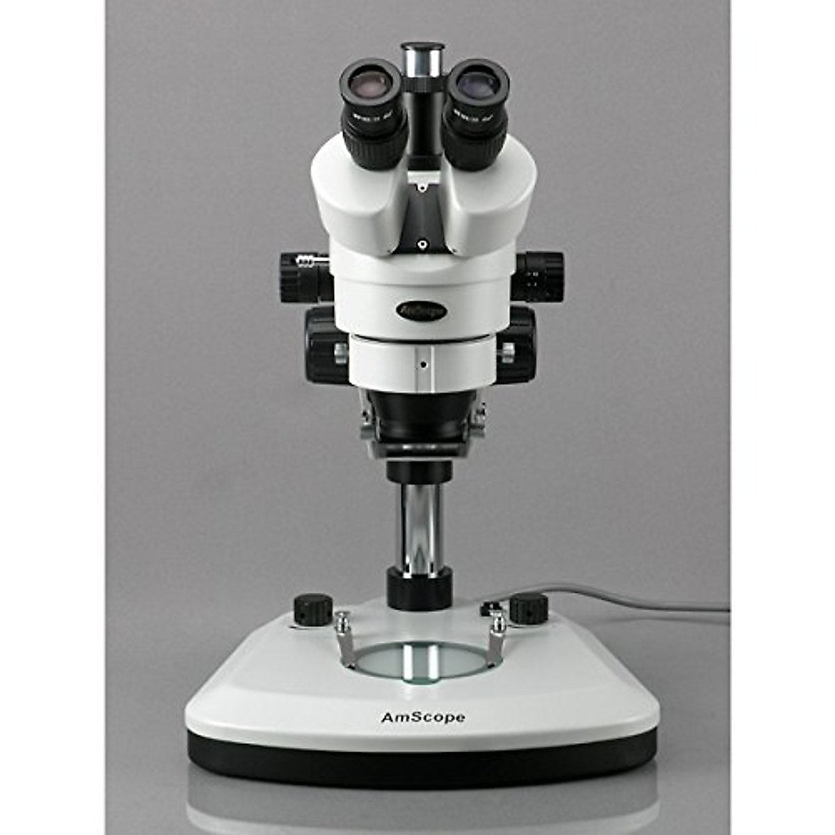 AmScope SM-1TZ-PL-5M Digital Professional Trinocular Stereo Zoom Microscope, WH10x Eyepieces, 3.5X-90X Magnification, 0.7X-4.5X Zoom Objective, Upper and Lower LED Lighting, Large Pillar-Style Table Stand, Includes 0.5X and 2.0X Barlow Lenses and 5MP Came