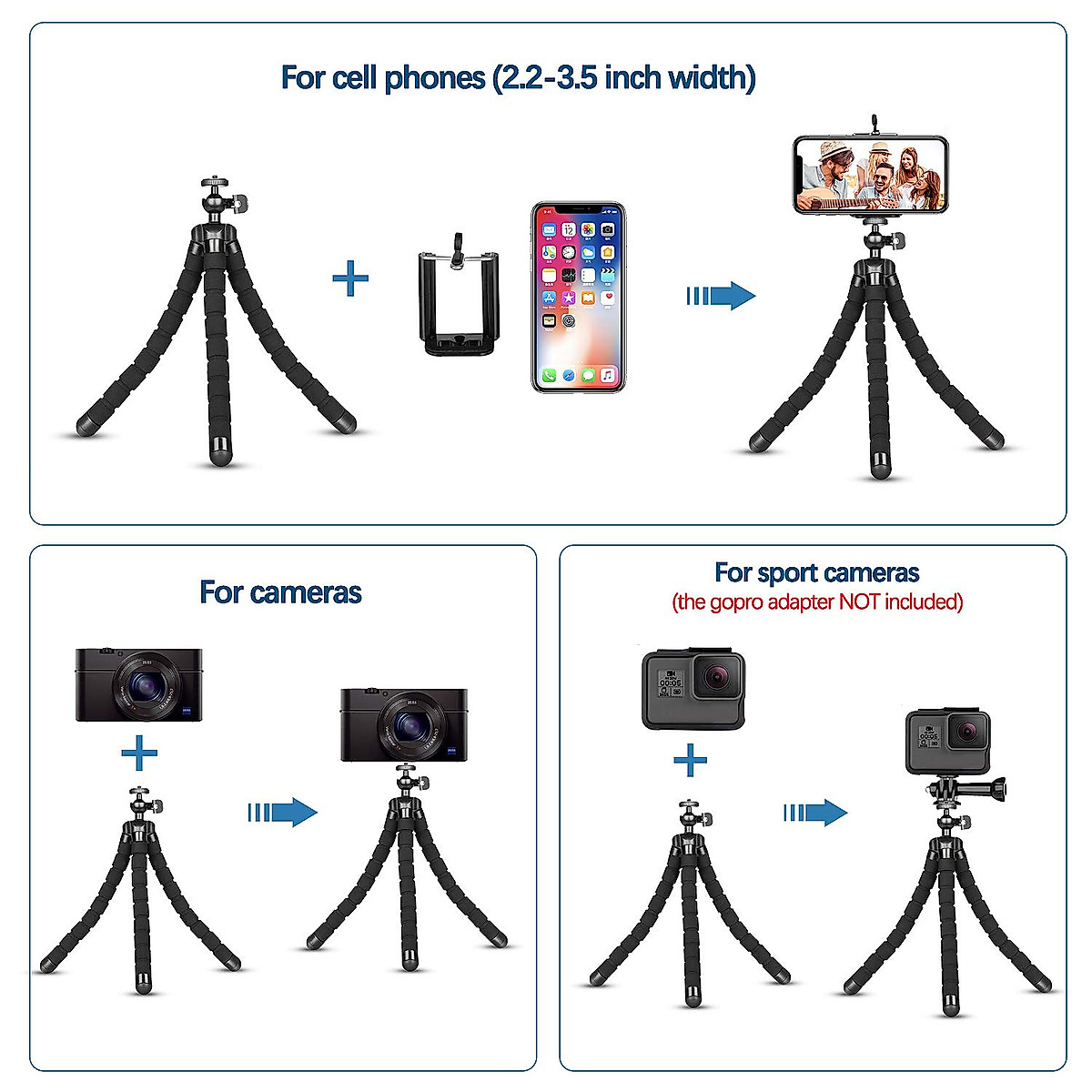 Phone Tripod, Flexible iPhone Tripod and Portable Adjustable Tripod with Wireless Remote and Universal Clip Mount Camera Tripod, Travel Tripod,Tabletop Tripod for iPhone/Android Grey