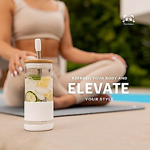 Pandaloo Glass Cups With Lids and Straws -20 Fl Oz- Perfect Size Iced Coffee Cup - Smoothie Cup With Bamboo Lid and On the go Lid - Glass Tumbler With Straw (2 Count (Pack of 1), Amber Sand)