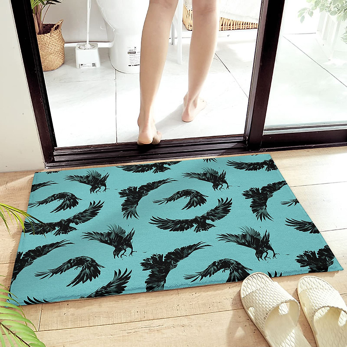 Door mat Door Mats Bath Rugs Halloween Black Crows,Soft Fluffy Plush Doormats Non Slip Carpet Teal Blue Turquoise Linen Texture,gy Fuzzy Area Throw Rug for Kitchen/Bathroom/Living Room 18x30in