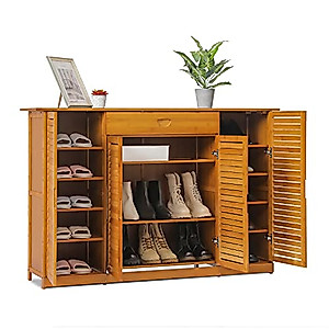 MoNiBloom Bamboo Shoe Storage Cabinet Shelf Stand with 2 Double Shutter Doors & 1 Drawer for 26-30 Pairs Entryway Hallway Living Room Bedroom, Brown