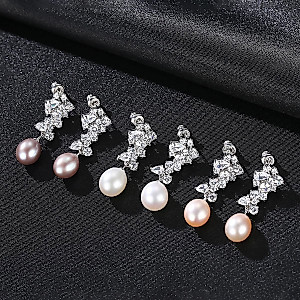 QuakerBird Freshwater Cultured Genuine Pearl Drop Earrings for Women Sterling Silver 9-10 mm Pearls Tennis Cluster CZ Dangle Stud Earrings Wedding (01, ivory)