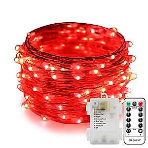 ErChen Battery Operated Silver Copper Wire Led String Lights, 33FT 100 Leds 8 Modes dimmable Waterproof Fairy Lights with Remote Control Timer for Indoor Outdoor Wedding Bedroom (Red)