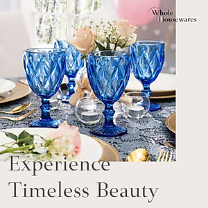 WHOLE HOUSEWARES | Goblet Glass Drinkware Set | Vintage Drinking Cups | 9.5oz Water Goblets Glasses | Set of 6 Colored Glassware for Kitchen | For Wedding or Parties | Cobalt Blue Diamond Pattern