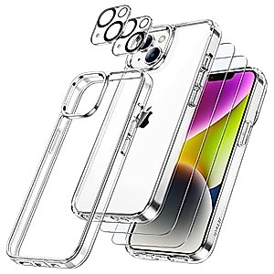 JETech 3 in 1 Case for iPhone 14 6.1-Inch, with 2-Pack Screen Protector and Camera Lens Protector, Non-Yellowing Shockproof Bumper Phone Cover, Full Coverage Tempered Glass Film (Clear)