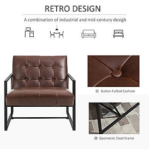 HOMCOM Mid-Century Modern Accent Chair Faux Leather Sofa Button Tufted Armchair with Metal Frame, Brown
