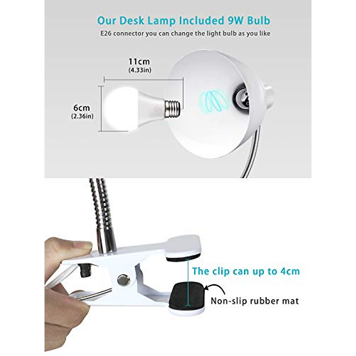 Desk lamp Eye-Caring Table Lamps, 360°Rotation Gooseneck Clip on Lamp, Clip On Reading Light, Portable Reading Book Light, Clamp Light, Study Desk Lamps for Bedroom and Office Home Lighting (White)