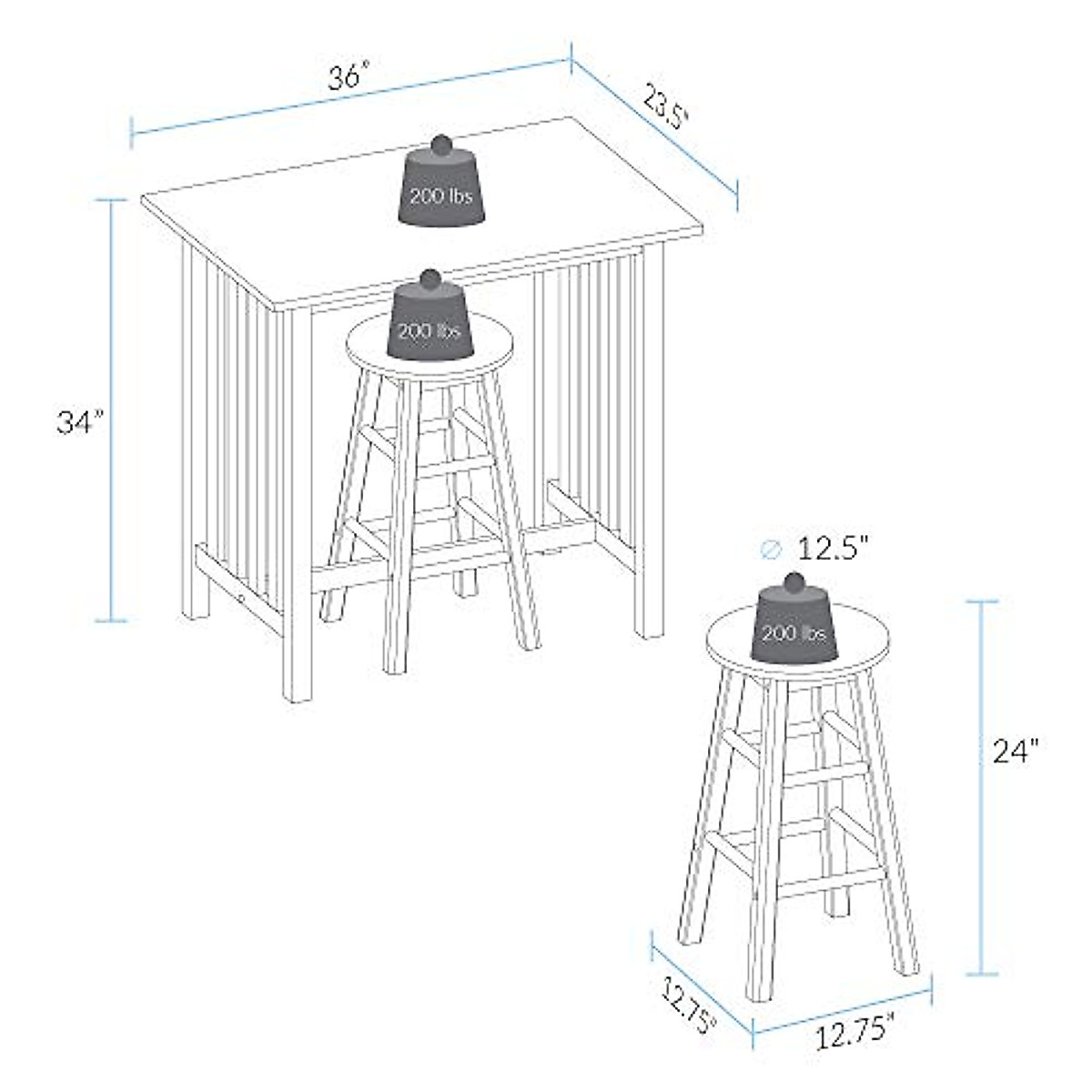 Casual Home 3-Piece Breakfast Set with Solid American Hardwood Top, White
