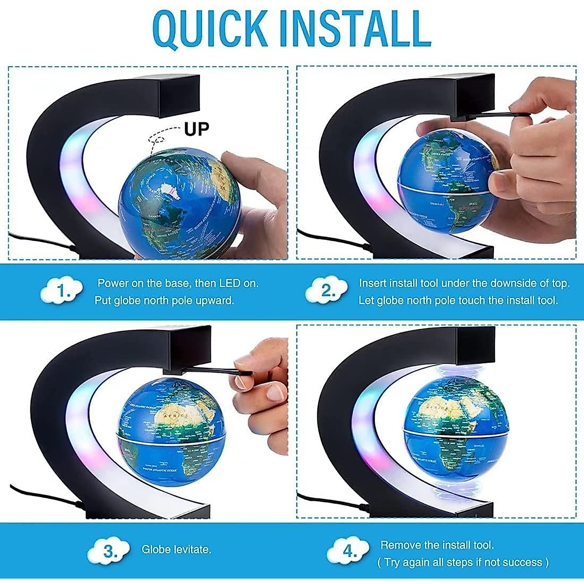 Magnetic Levitating Globe, Floating Globes with LED light, Anti Gravity World Map with C Shape Base, Desk Gadget Decor in Office/Home, Educational/Birthday Gifts for Kids