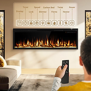 Smart 60" WiFi-Enabled Electric Fireplace Heater, Recessed in-Wall and Wall-Mounted Linear Fireplace,Compatible with Alexa,13 Adjustable Flame Color and 5 Brightness,1500/750 Watt Heater,Black