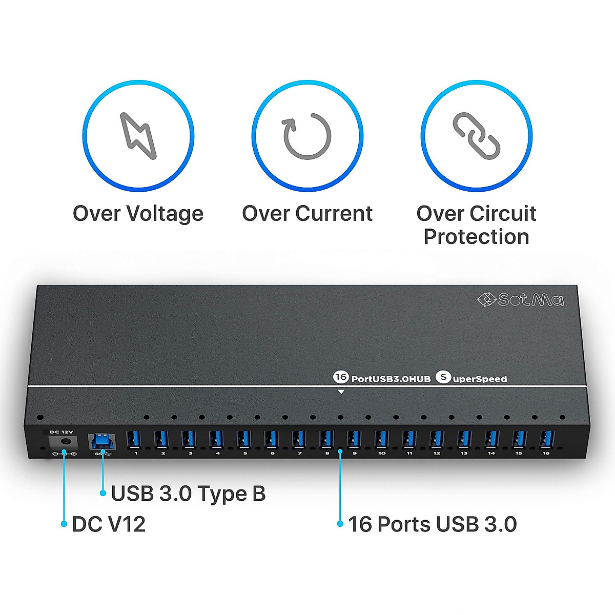 Multi-Safety Protection USB Splitter - 16 Port Powered USB Hub 3.0 with AC Adapter (12V / 10A) - Aluminium USB 3.0 Hub with LEDs - High Speed - Hub for Multiple Devices - Powered USB 3.0 Hub