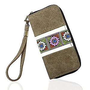 Yongkai Bohemian Style Wallet,Zip Around Wallet for Women,RFID Blocking Wallet,Credit Card Wallet,Embroidered Casual Purse (ArmyGreen)