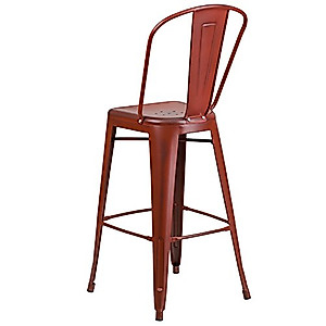 EMMA + OLIVER Commercial Grade 30" H Distressed Red Metal Indoor-Outdoor Barstool w/ Back