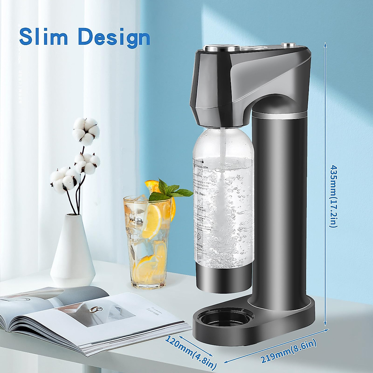 spoonlemon Sparkling Water Maker,Soda Streaming Machine for Home Use, Carbonated Water Machine with BPA Free 1L PET Bottle, Compatible with Any Screw-in 60L CO2 Exchange Carbonator, Black