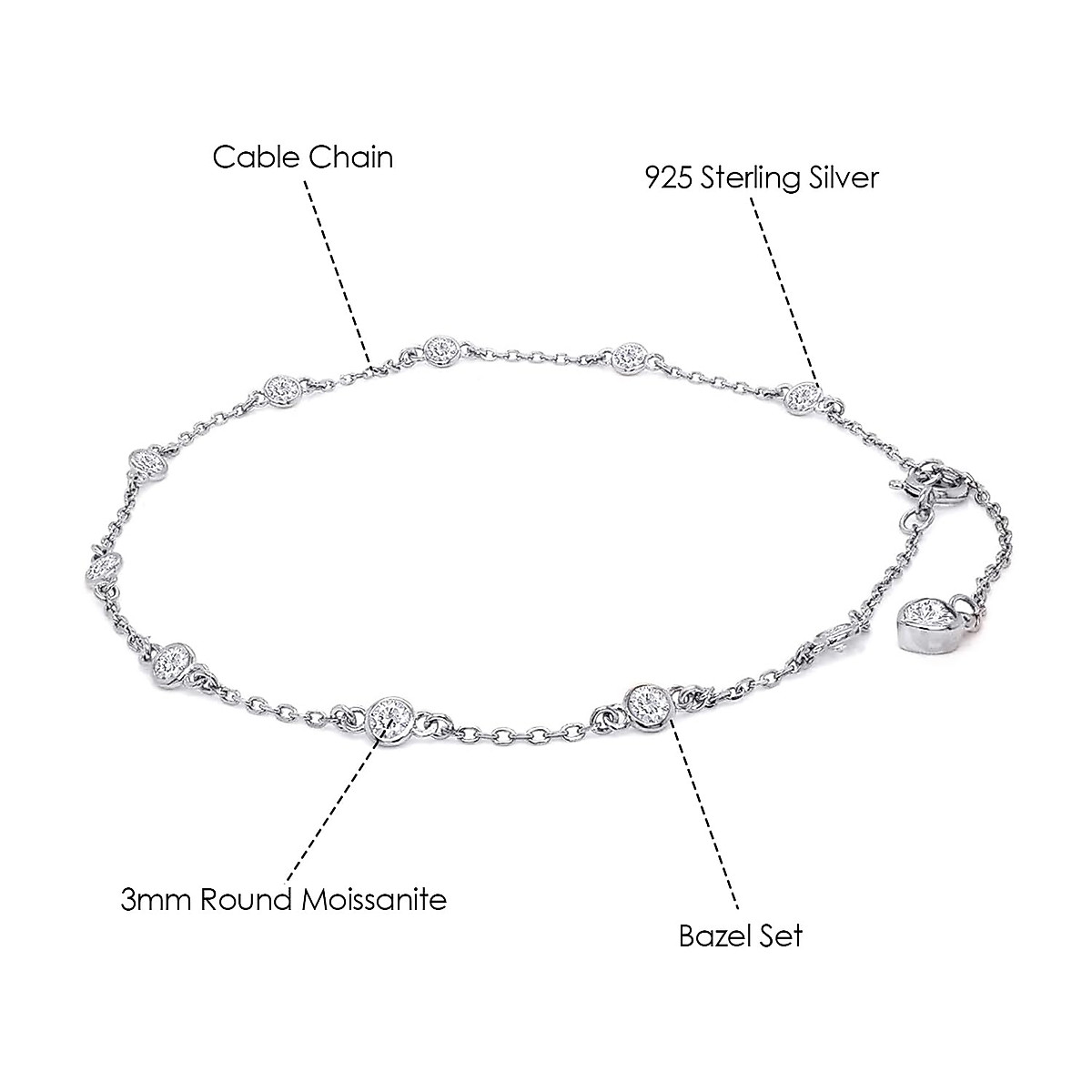 SAVEARTH DIAMONDS 3mm Round Cut Moissanite Diamond Lab Created Bezel Set Single Piece Station Anklet Ankle Bracelet for Women in 14k White Gold over Sterling Silver(1 Cttw) 9"