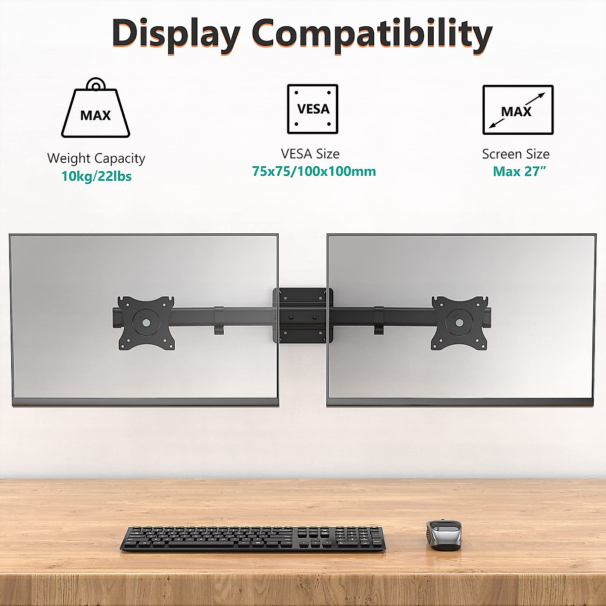 WALI Dual Monitor Wall Mount, Single to Double Bracket Adapter, Horizontal Assembly Arm for 2 Screen up to 27 inch (012ARM), Black