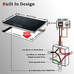 ECOTOUCH Eelectric Cooktop 30 inch 4 Burner 220-240V 6900W, Radiant Electric Cooktop Built-in, 30" Stove Top Knob Control, Timer&Child Safety Lock, for Hard Wire(No Plug), CRAH774A-U