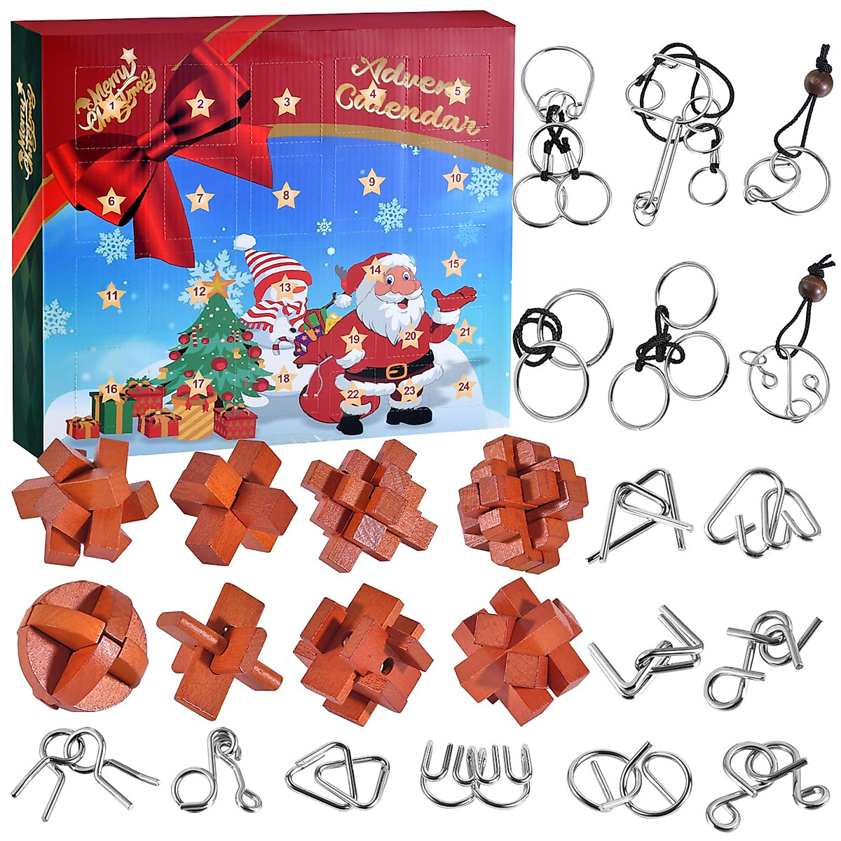 Advent Calendar 2024, Christmas Countdown Calendar Gift Box with 24 Brain Teaser Puzzles, Advent Calendar 2024 for Adults Kids Boys Girls, Xmas Countdown Calendar Challenge Gift