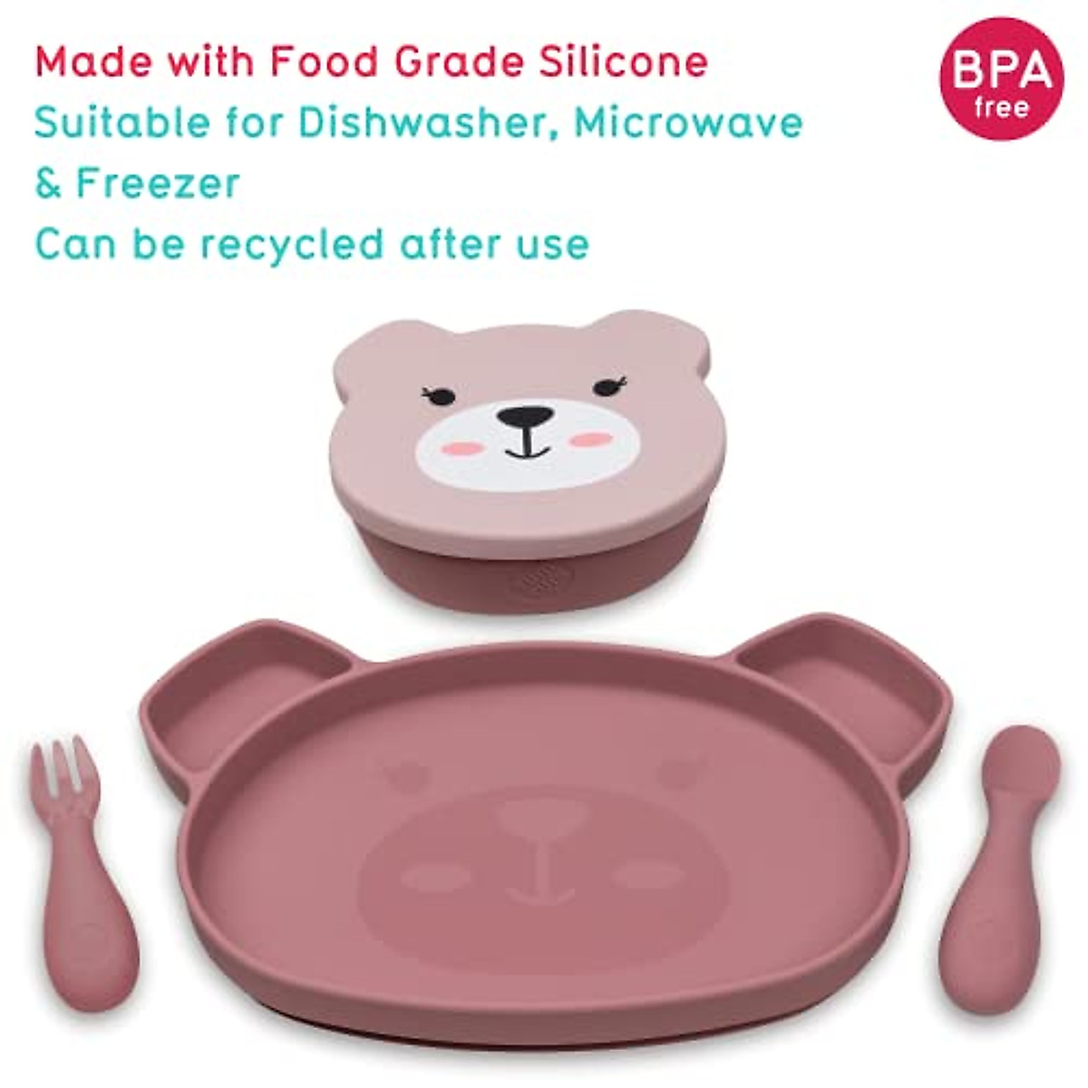 TUM TUM Baby Dinner Set for Weaning, Includes Silicone Suction Plate & Bowl, Baby Cutlery, 6 Months Plus, Dishwasher Safe, BPA Free (Betsy Bear)