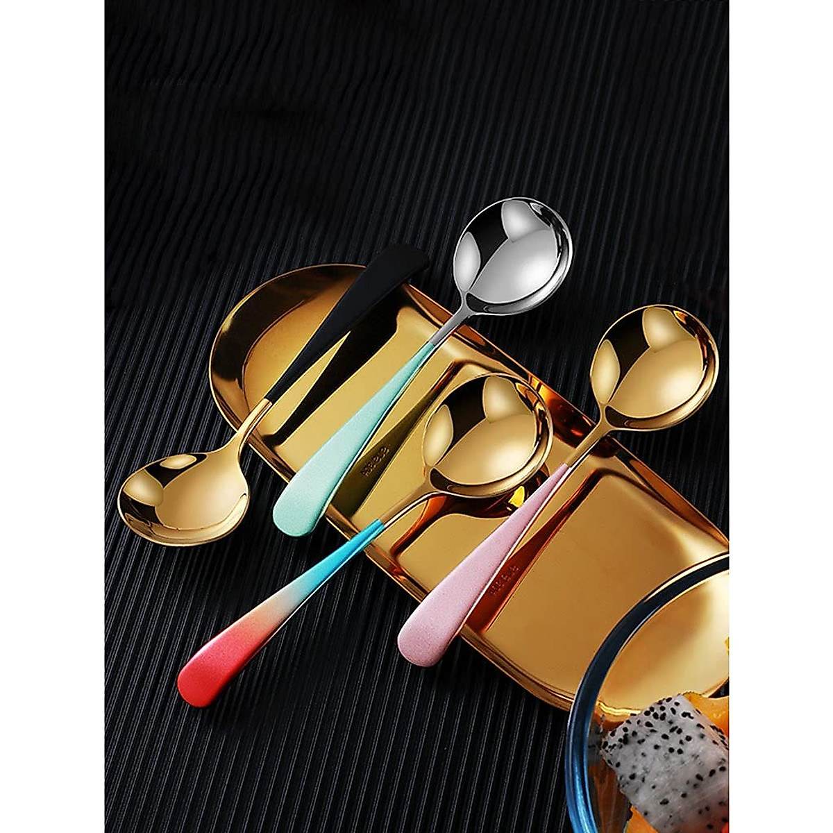 Spoons Silverware Dessert Spoon Stainless Steel Soup Spoon Soup Spoon Household Eating Spoon Coffee Stirring Spoon Spoon Two Pieces Spoon Set (Color : B)