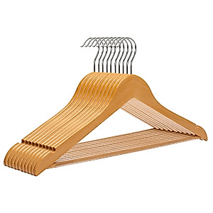 Wooden Hangers 10 Pack, Non-Slip Wood Hangers with 360° Swivel Hook & Notches, Solid & Slim Coat Hangers for Shirt, Suit, Jacket, Dress, Natural-HL01N