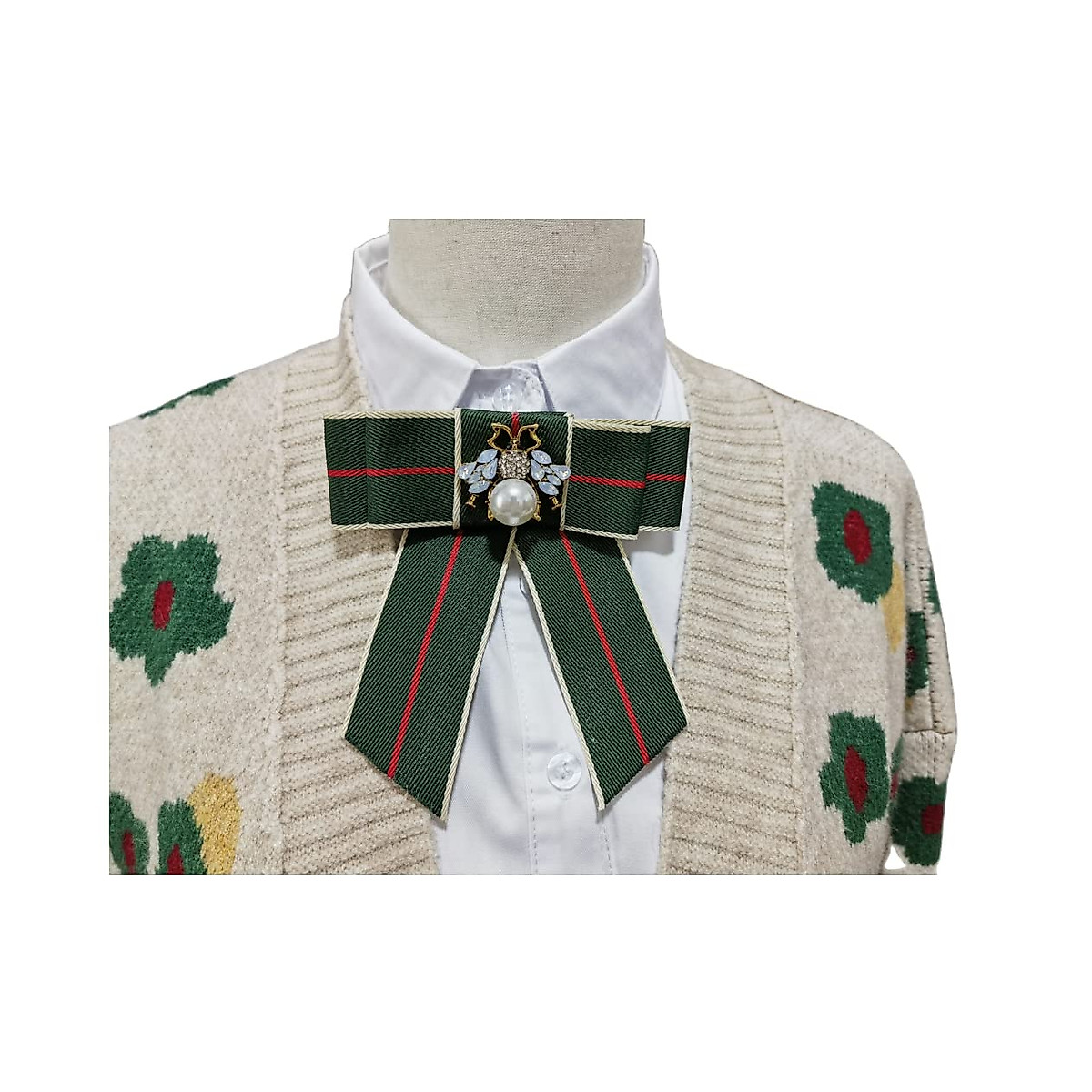 Vpang Crystal Bee Bow Brooch Pre-Tied Neck Tie Brooch Pin Striped Bow Tie for Women Wedding Party Bow Tie (Green)