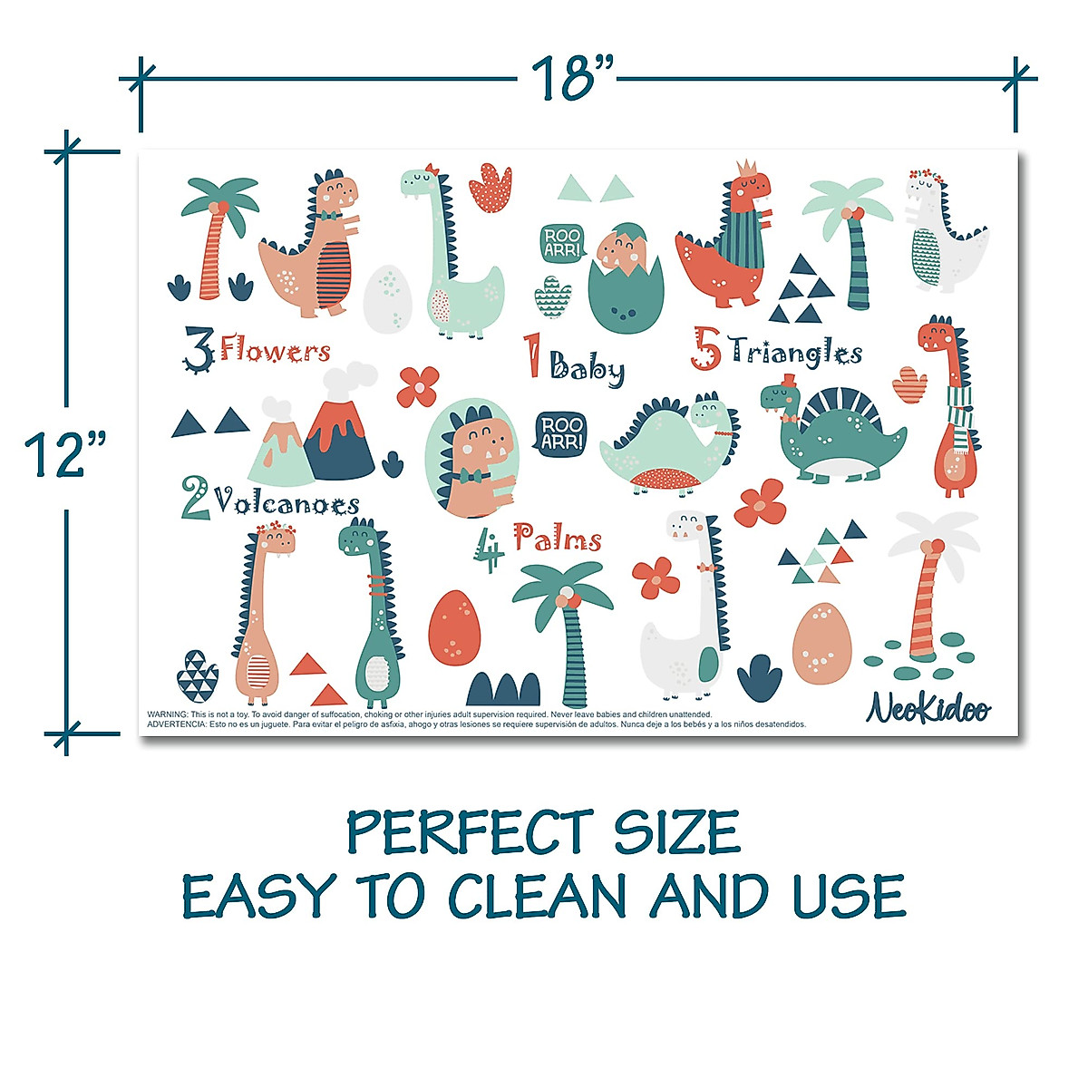 Disposable Placemats for Baby Toddler and Kids Travel Pack 12" x 18" Stick-On 20 Plastic Table Toppers Restaurant Indoor Outdoor Protection Dino Design