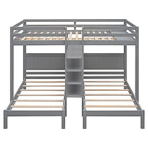 BOVZA Modern Triple Bunk Bed Frame, Twin XL Over Twin&Twin Wooden Bunk Bed with Built-in 4 Shelves and Ladder, Saving Space, Gray
