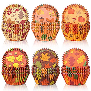 Whaline 600Pcs Fall Thanksgiving Cupcake Liners Maple Leaf Pumpkin Acorn Baking Cups Autumn Muffin Baking Liners for Birthday Party Fall Themed Party Supply Decor