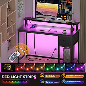 GreenForest Gaming Desk 47 Inch with LED Lights and Monitor Stand, Computer Desk with Drawer for Small Spaces, Office Desk with Power Outlets and Shelf, Black