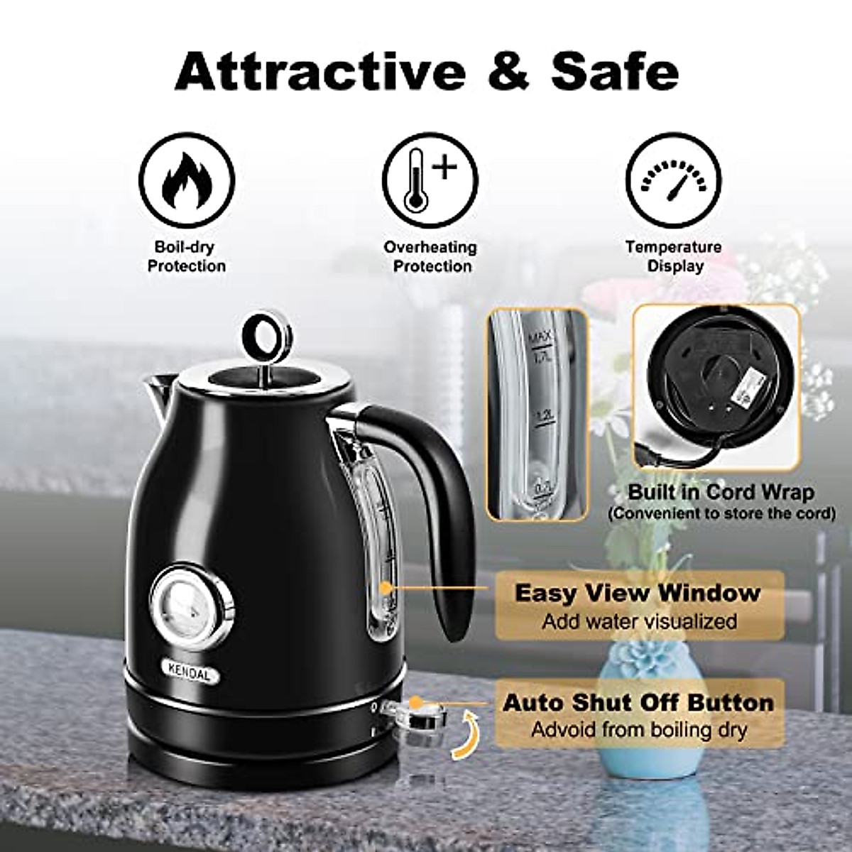 1.7L Stainless Steel Electric Water Kettle Boiler with Thermometer, Temperature Gauge and Auto Shut Off, 1500W Hot Water Heater with Boil Dry Protection, Black