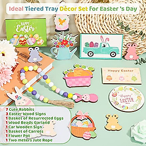 15Pcs Easter Tiered Tray Decor, Lucomb Easter Decorations Happy Easter Wood Signs Truck Full of Eggs, Farmhouse Signs Carrot Egg Bunny Decor for Easter Day Home Farmhouse Rustic Spring Decorations