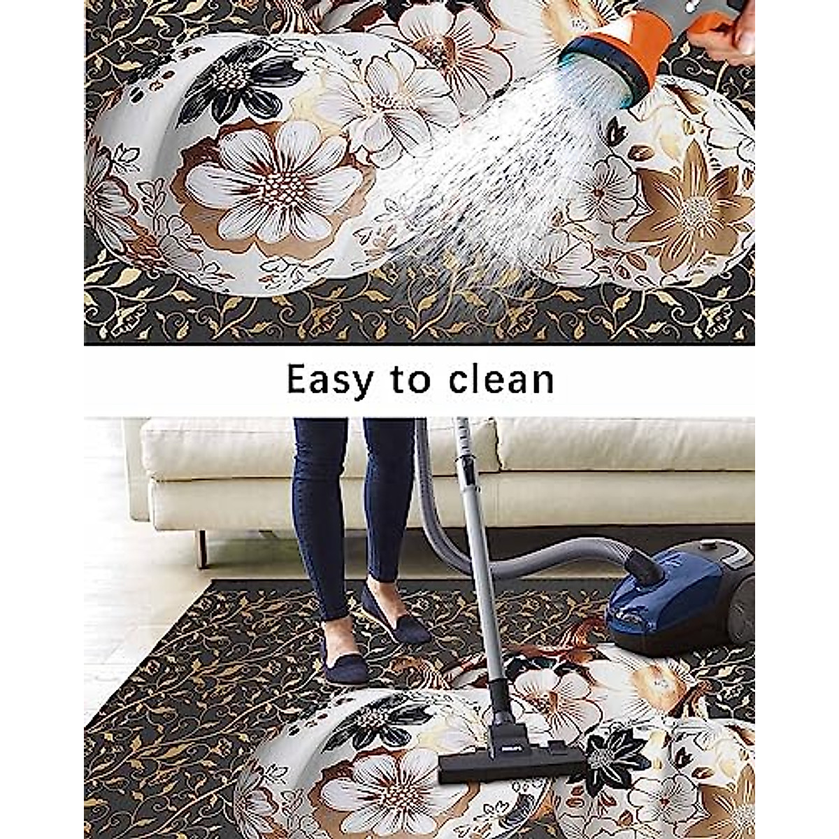 Outdoor Area Rug for Patio,Fall Thanksgiving Pumpkin Black Camping Rugs Indoor Large Floor Mat 5x8ft,White Floral Gold Leaves Outside Carpet for Deck RV Picnic Porch Backyard Bedroom Living Room