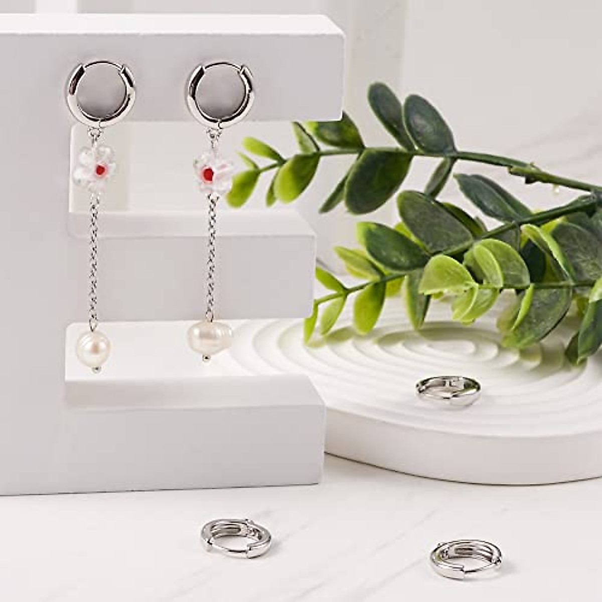 Fashewelry 10Pcs Leverback Ear Wires with Hang Loop Chunky Polished Circle Huggie Hoop Earrings Platinum Plated Piercing Ring Clip Stud Earring Hook for Dangle Earring Making 16x15mm