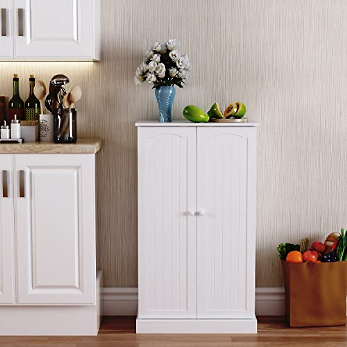 Yusong Kitchen Pantry Storage Cabinet Cupboard with Doors and 6 Adjustable Shelves for Small Space, Farmhouse Pantries Organization Cabinet for Dining Room, Living Room, White