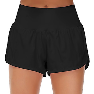 Origiwish Women's High Waisted Running Shorts with Liner Quick Dry Athletic Workout Shorts Zipper Pockets (Small, Black)