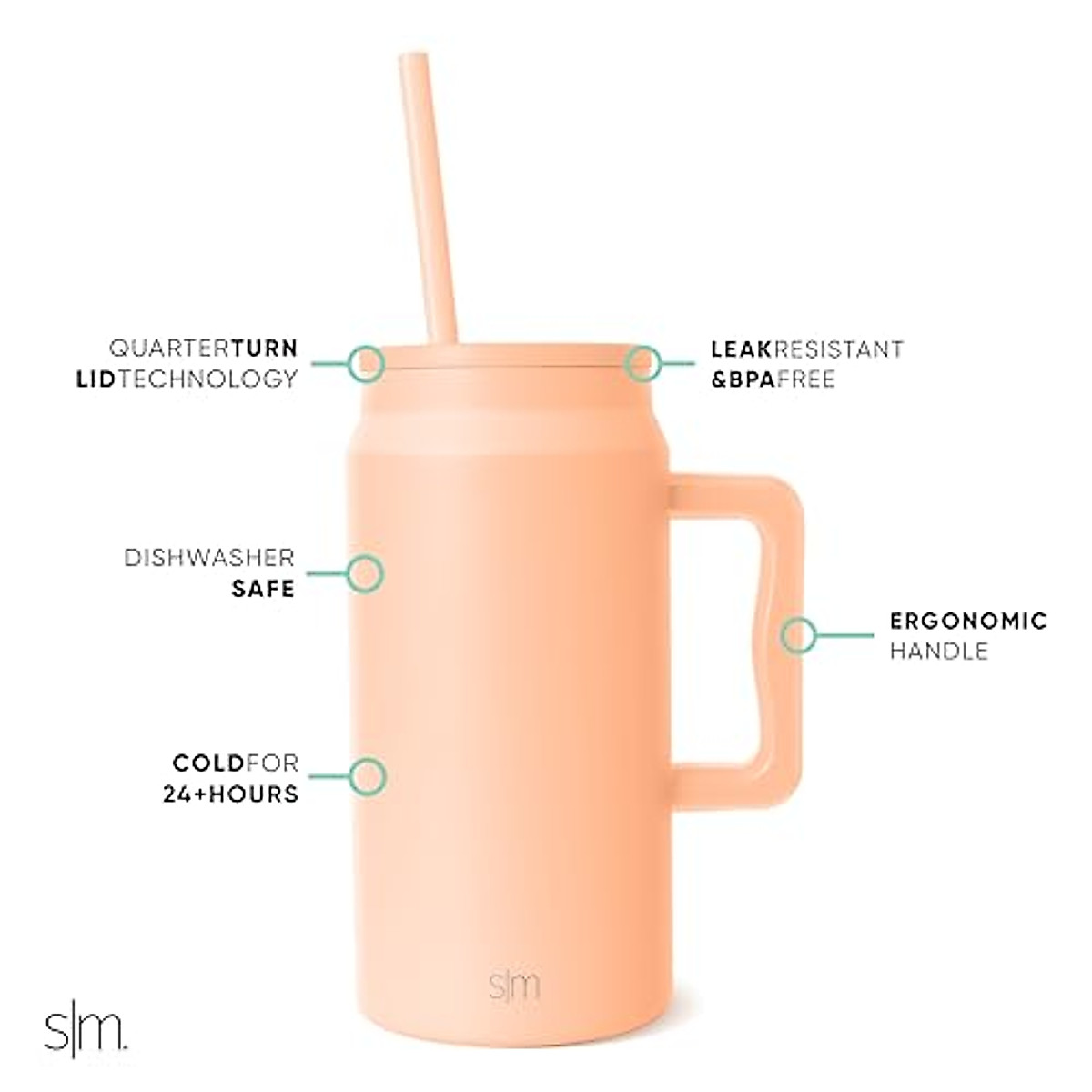 Simple Modern 50 oz Mug Tumbler with Handle and Straw Lid | Reusable Insulated Stainless Steel Large Travel Jug Water Bottle | Gifts for Women Men Him Her | Trek Collection | 50oz | Bellini