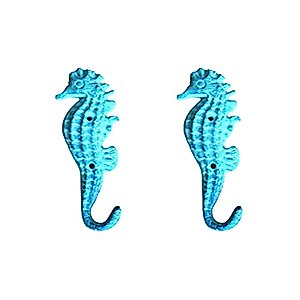 Laide Seahorse Hook Wall Mounted Cast Iron for Hat Keys Robe Coat Towel Coat Beach House Decor Home Decoration Accessories 2 Pieces (Blue)