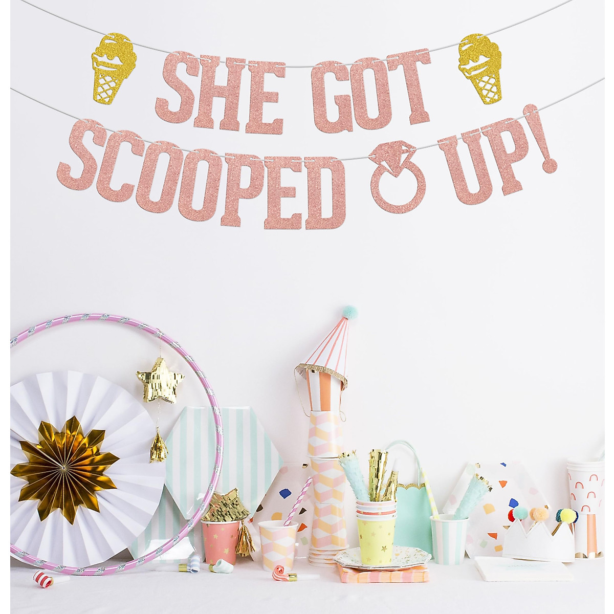 KEWUFD She Got Sco*ped Up Banner, Funny Bridal Shower Party Decoration for Women, Summer Theme Bachelorette/Bridal Shower/Engagement/Wedding Party Rose Gold Glitter