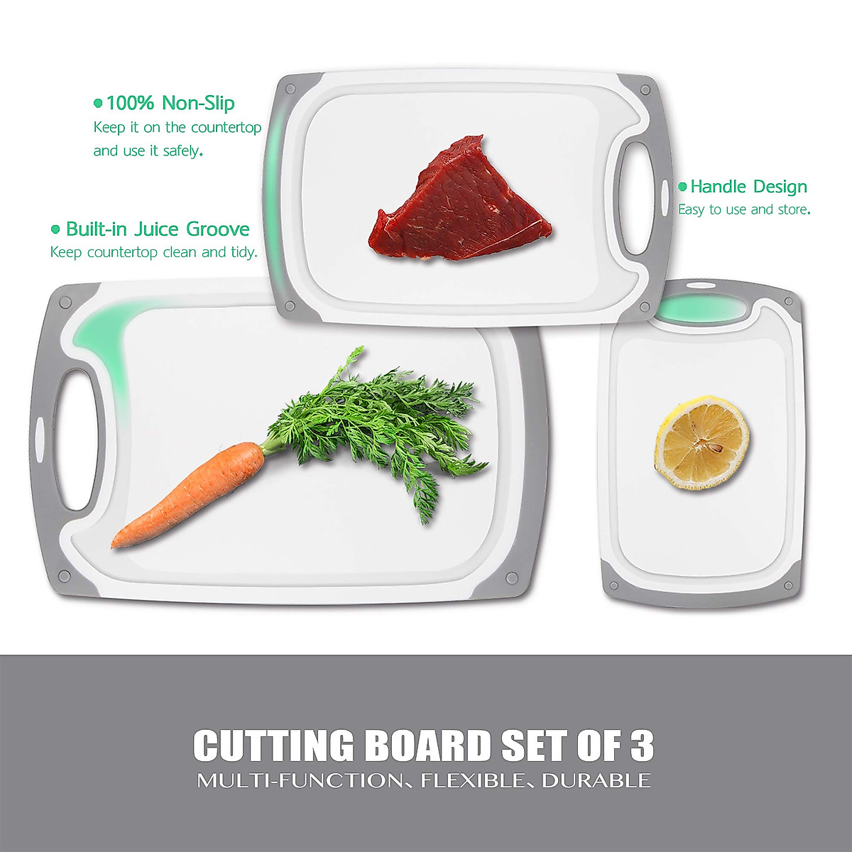 Fotouzy Extra Large Cutting Board Set of 3, BPA Free, Dishwasher Safe, Juice Grooves, Large Thick Plastic Boards, Easy Grip Handle, Non-Slip, Non Porous, Kitchen (Gray)